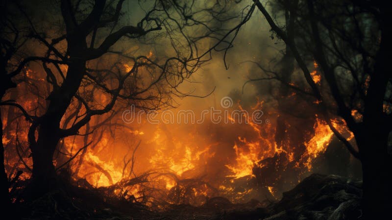 Fire in a Forest Area, Burned Trees Stock Illustration - Illustration ...