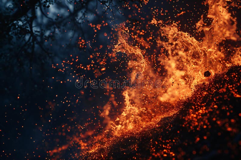 Fire in the Forest, Burning Dry Grass and Trees at Night Stock ...