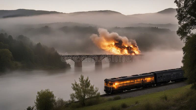 Fire in the Forest a Burning Train on Fire, Exploding, that Crosses a ...