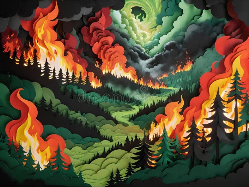 Fire Forest with Burning Trees, Paper Art. Illustration Stock ...