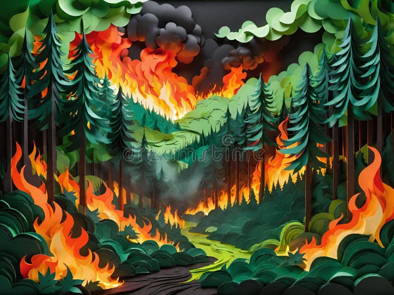 Fire Forest with Burning Trees, Paper Art. Illustration Stock ...