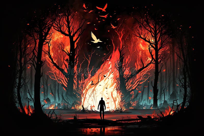 A Fire in the Forest with a Dark Sky and a Fire in the Foreground Stock ...