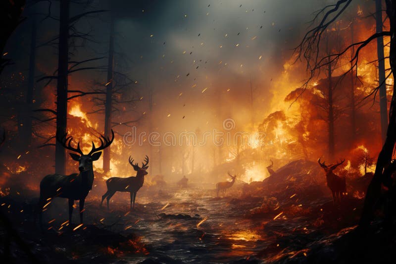Fire in the Forest, Flame Lights, Frightened Wild Deer Close-up, Dark ...