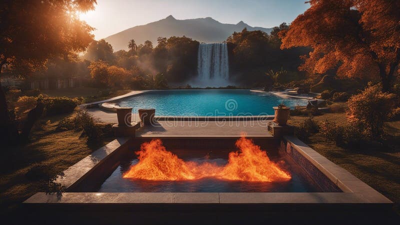 Fire in the Forest Horror a Swimming Pool with a Waterfall and Fire ...