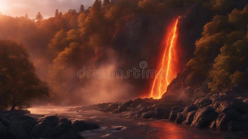 Fire in the Forest Horror_ a Waterfall of Fire, with a Landscape of ...