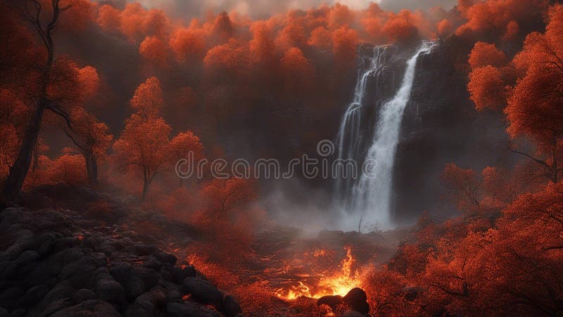Fire in the Forest Horror Waterfall , with a Landscape of Burning Trees ...