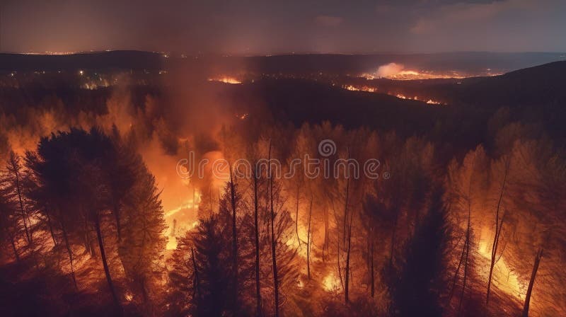 Fire in the Forest at Night, in Hot Weather Stock Illustration ...