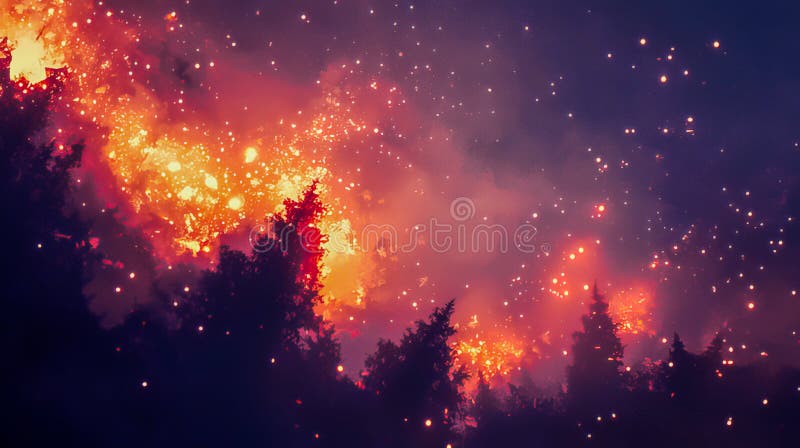 Fire in the Forest Sparks and Fire Flames Over Trees at Night Stock ...