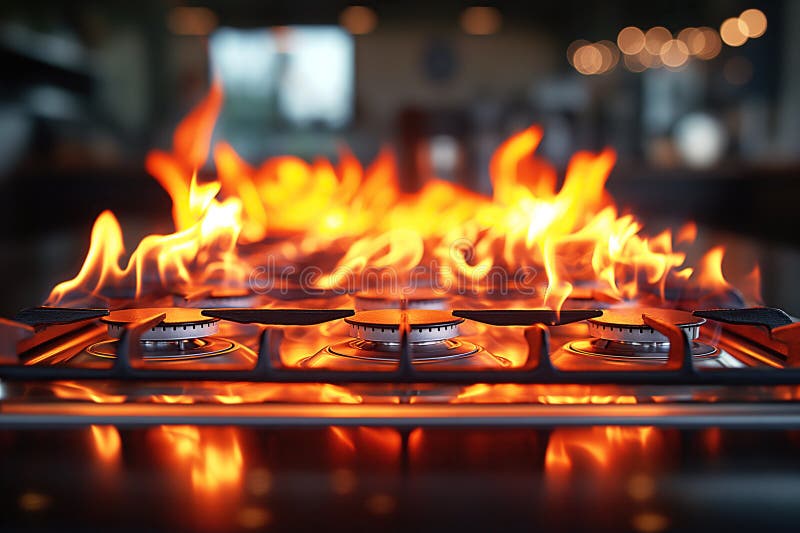 Fire on Gas Stove in the Kitchen. Dangerous Flame Stock Photo - Image ...
