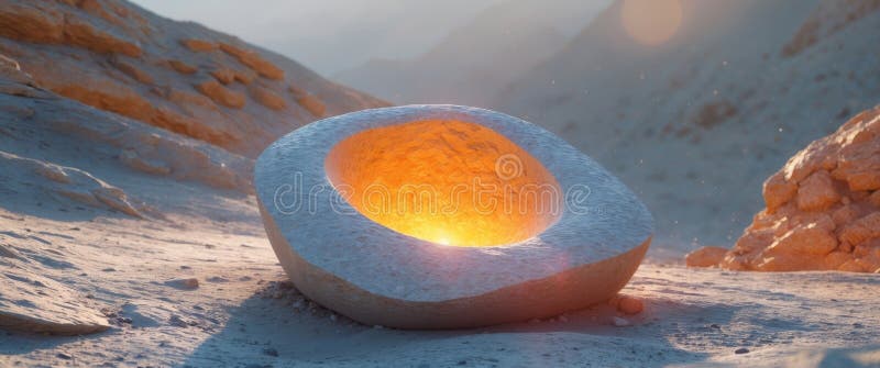 Fire Glows from within a Unique Stone Formation in a Rocky Landscape ...