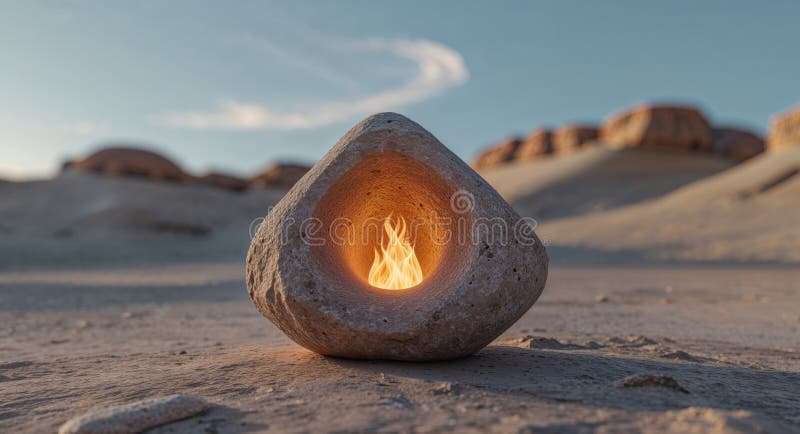 Fire Glows from within a Unique Stone Formation in a Rocky Landscape ...