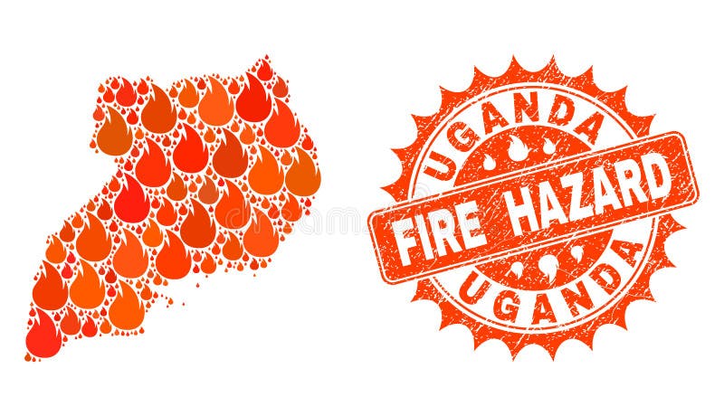 Composition of Map of Uganda Burning and Fire Hazard Grunge Stamp Seal ...