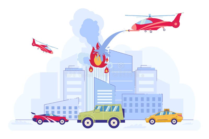 Fire in High Building, Plane Extinguishing Flame Stock Illustration ...