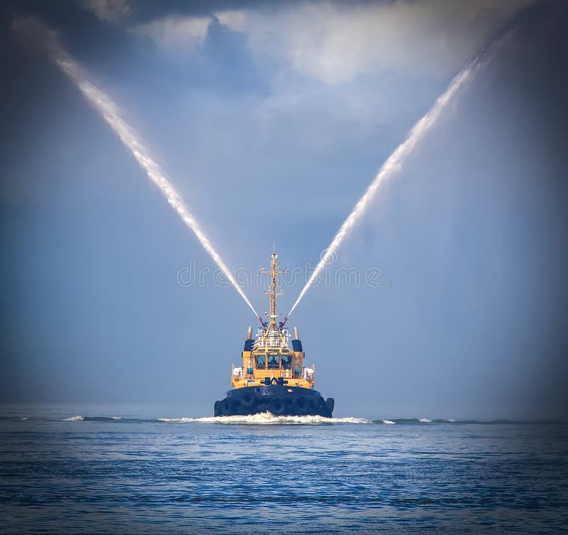 Fire Hose Boat Spraying Water On Kamchatka On Paciic Ocean Stock Image Image Of Fleet