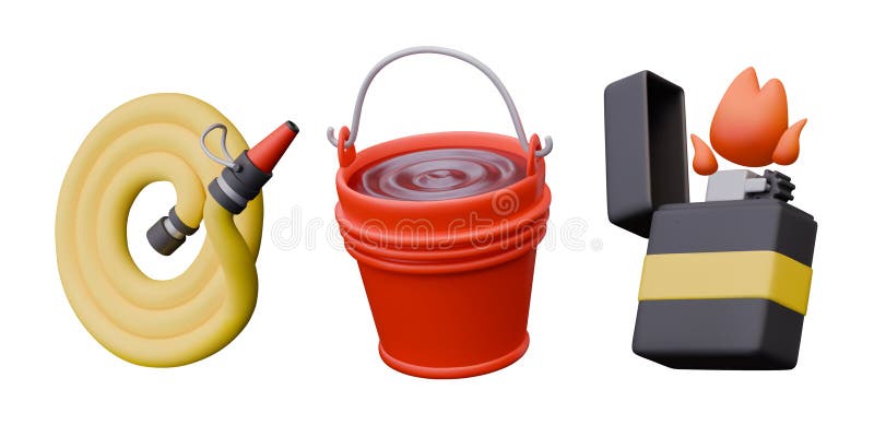 Fire Hose, Bucket with Water, Lighter with Fire. Isolated Elements in ...