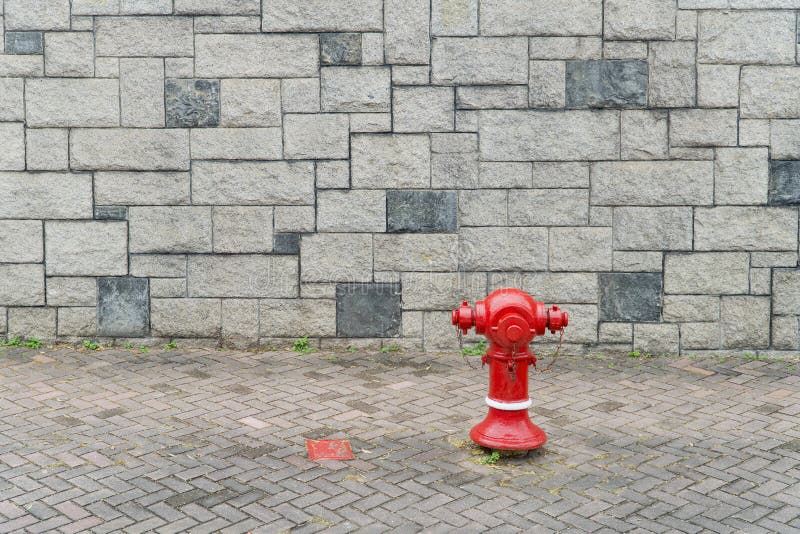 Fire Hose Water Outlet Red Brick Wall Gray Background Stock Photo ...