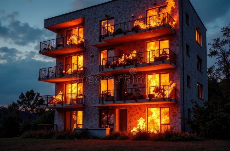 Fire in the House. an Apartment Building with Windows from Which ...
