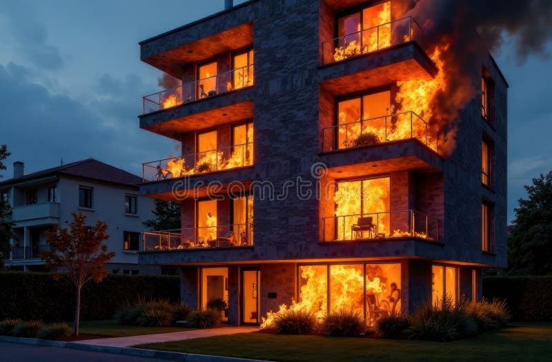 Fire in the House. an Apartment Building with Windows from Which ...