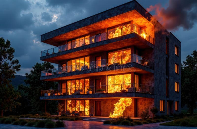 Fire in the House. an Apartment Building with Windows from Which ...