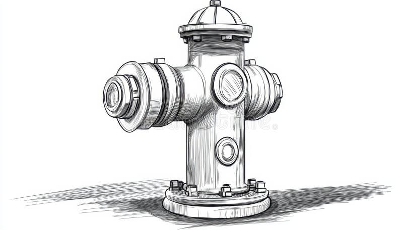 Fire Hydrant Drawing with Details and Shadows, Showcasing Three Outlet ...