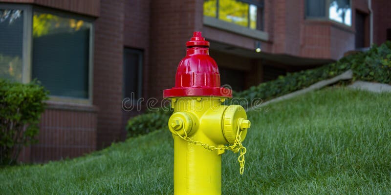 Fire Hydrant on a Lawn in Front of Brick Building Stock Image - Image ...