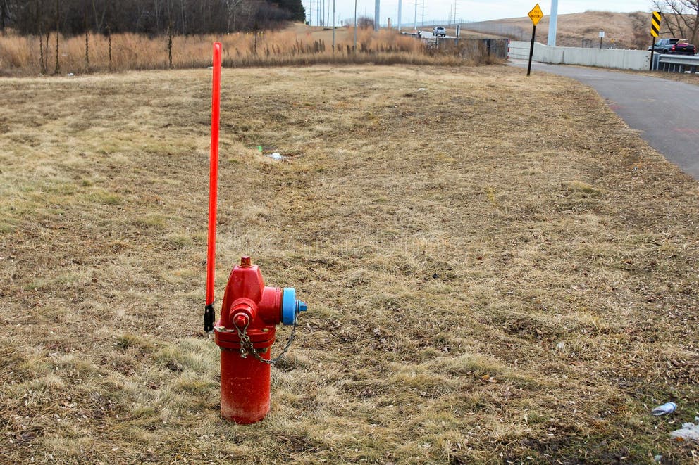 A Fire Hydrant in Winter with Long Red Stem Snow Marker for Cold ...
