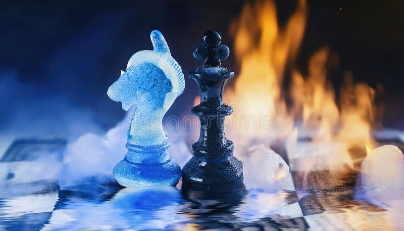 Fire and Ice Chess Showdown with Glass Figures and Colorful Background ...
