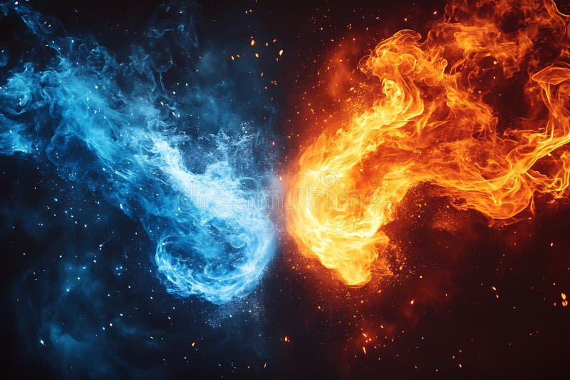 Fire and Ice Clash Abstract Background Hot Flame and Cold Blue Smoke ...