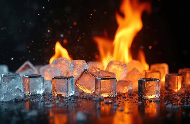 Fire and Ice Cubes on Black Background. Flame Reflects on Surface and ...