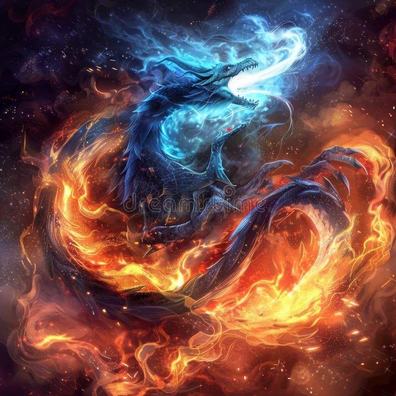 Fire and Ice Dragon Mythical Creature of Duality, Engulfed in Flames ...