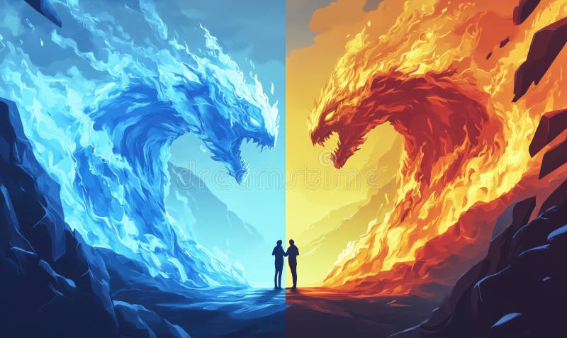 Fire and Ice Dragons Facing Each Other, Two Figures Standing between ...