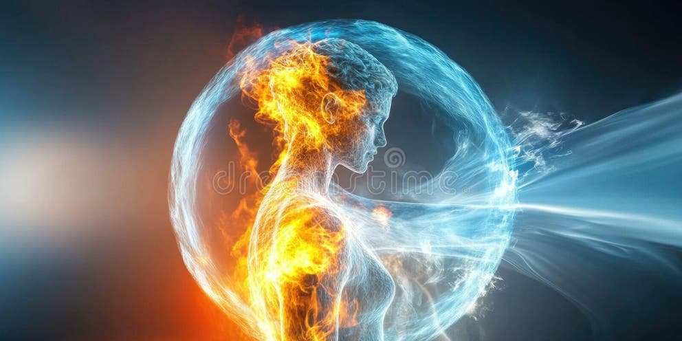 Fire and Ice Fusion: Human Element Duality in a Surreal Sphere Stock ...