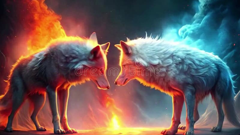 Fire and Ice Wolves Two Wolves One Made of Fire and Ice Stock Footage ...