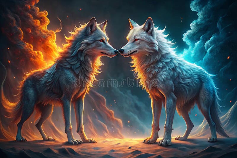 Fire and Ice Wolves Two Wolves One Made of Fire and Ice. Generative AI ...