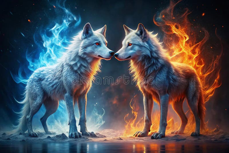Fire and Ice Wolves Two Wolves One Made of Fire and Ice. Generative AI ...