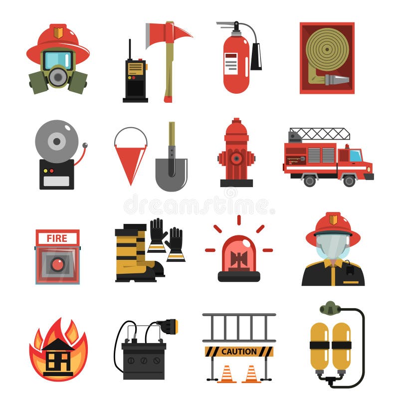 Set Icons of Firefighting Equipment Stock Vector - Illustration of ...