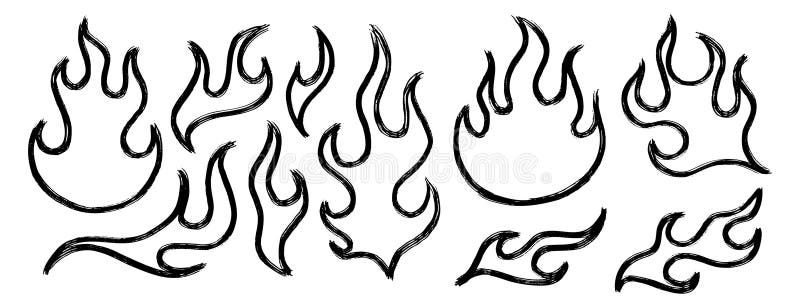 Fire Icon Symbol Grunge Bush Stroke Doodle Hand Drawn Set. Flame or ...