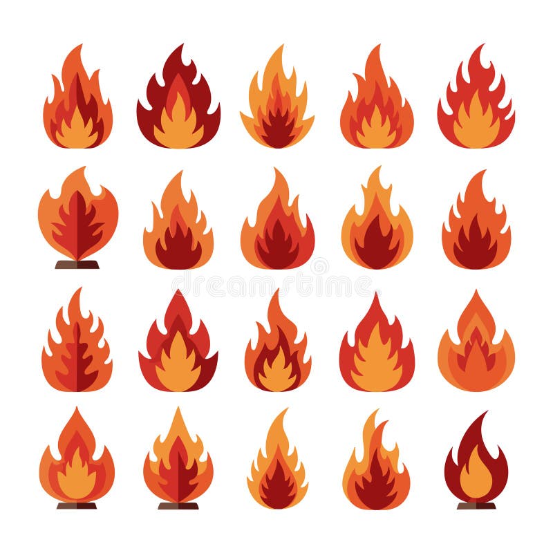 Fire Icons Collection with Orange and Red Flames Vector Illustration Set for Design Projects ...