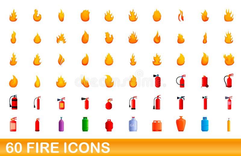 60 Fire Icons Set, Cartoon Style Stock Vector - Illustration of bonfire ...