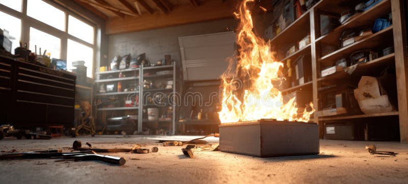 The Fire Igniting in a Cluttered Garage Workspace Full of Tools and ...