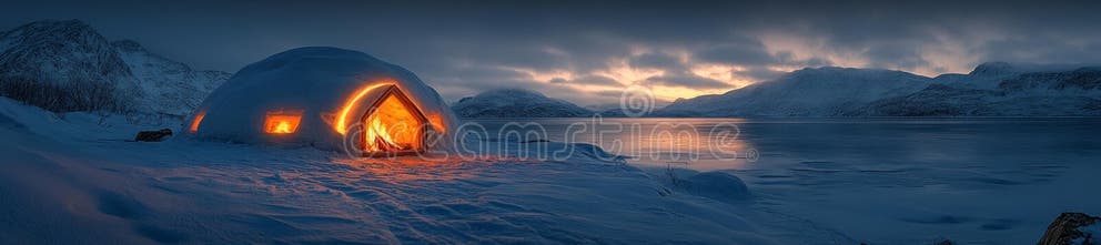 Fire Inside an Igloo during Night in a Snowy Arctic Landscape Stock ...