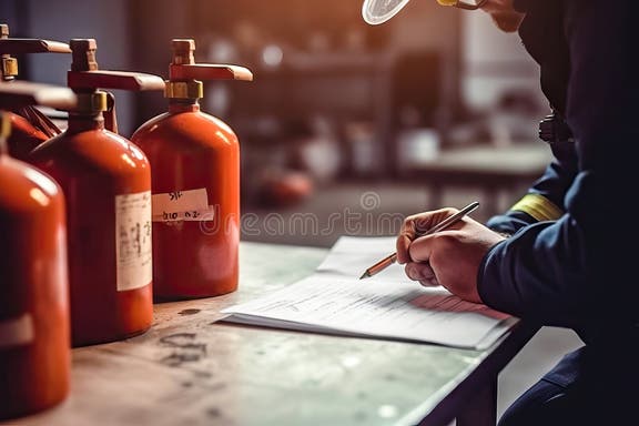 Fire Inspector S Documentation Process with a Fire Extinguisher in the ...