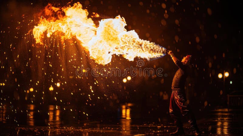 Fire Juggler Performing a Thrilling Act at Night, Dramatic and Exciting ...