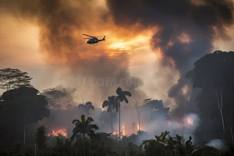 Fire in the Jungle Burning Brightly As Helicopters Fly Past Stock ...