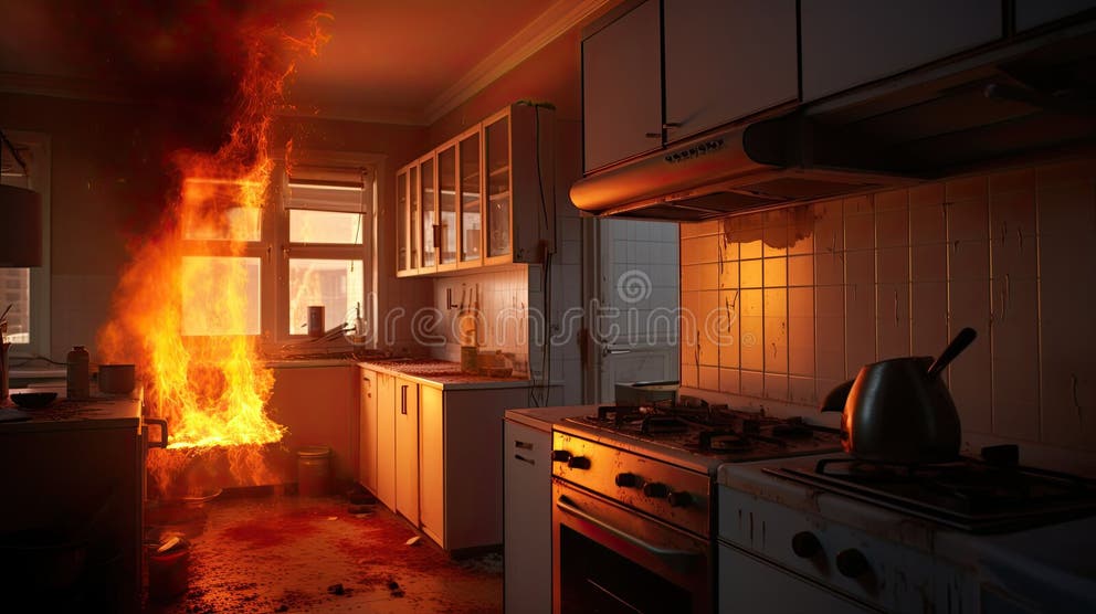 Fire in kitchen stock illustration. Illustration of wood - 293728327