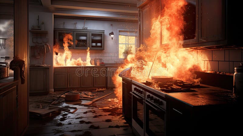 Fire in kitchen stock illustration. Illustration of steel - 297658381