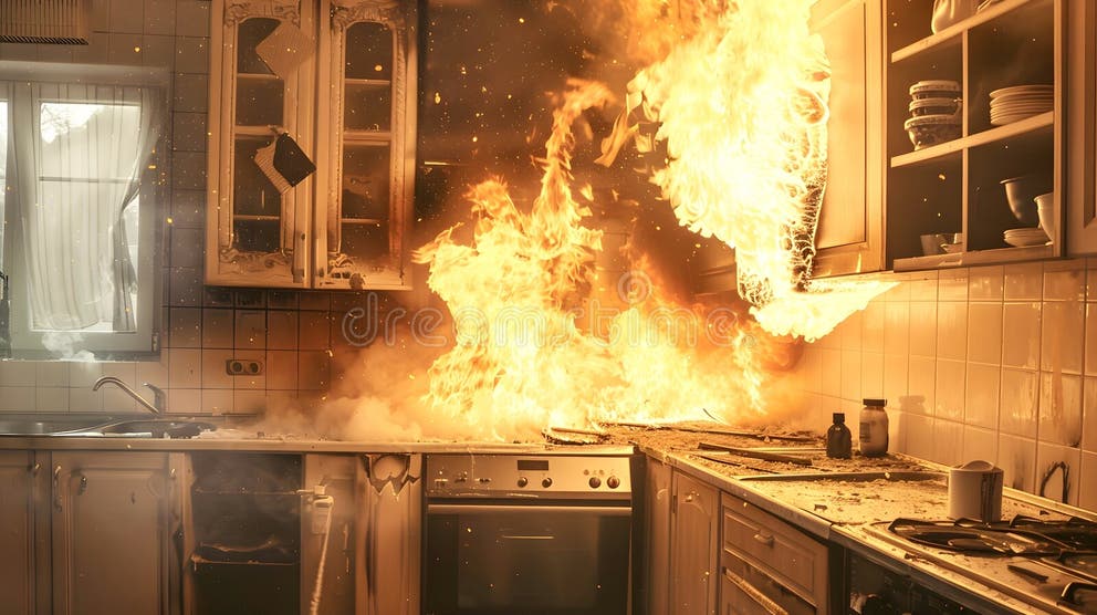 Fire in the Kitchen in Home Stock Image - Image of health, chemical ...