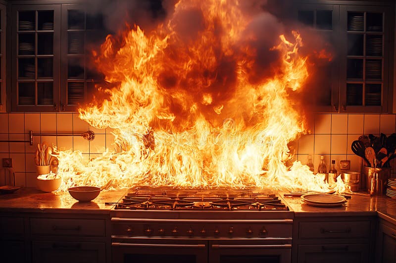 Fire in Kitchen in House. a Burning Gas Stove Stock Photo - Image of ...