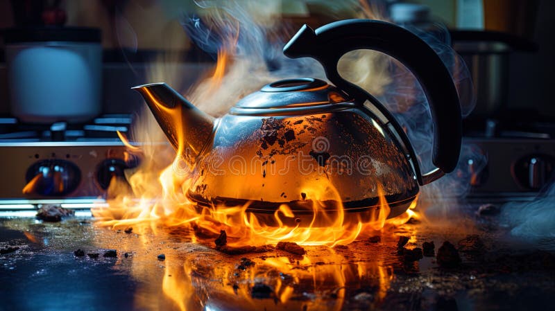 A Fire in the Kitchen, Where an Electric Kettle Burns Stock ...