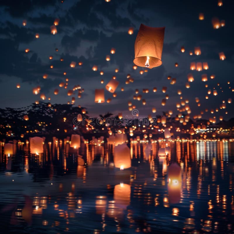Fire Lanterns Floating with Night Background Stock Illustration ...
